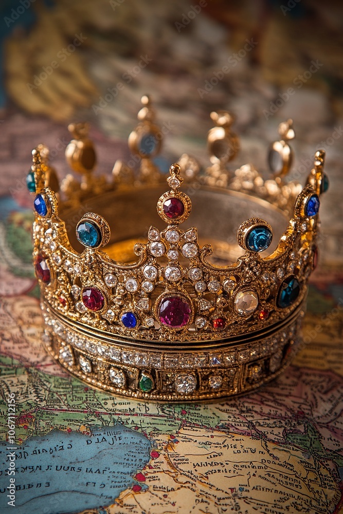 A classic depiction showcasing a regal crown resting on an intricately ...