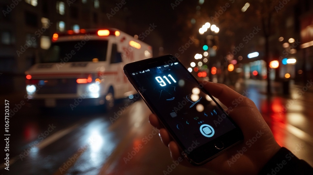 Individual holding smartphone showing 911 emergency number with blurred ...