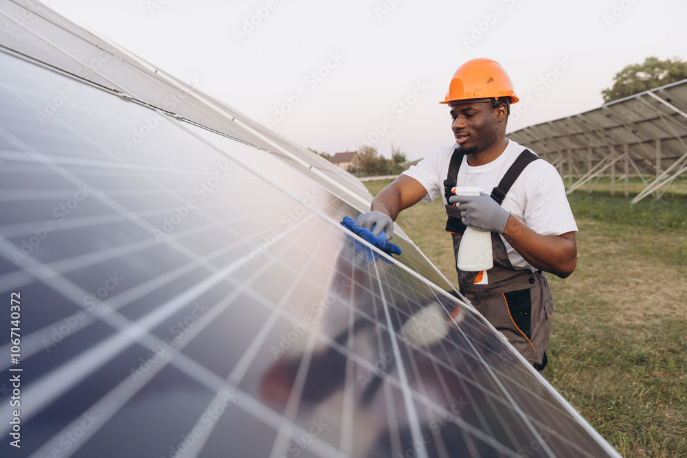 African American Male Worker Cleaning Solar Panels for Efficient Energy ...
