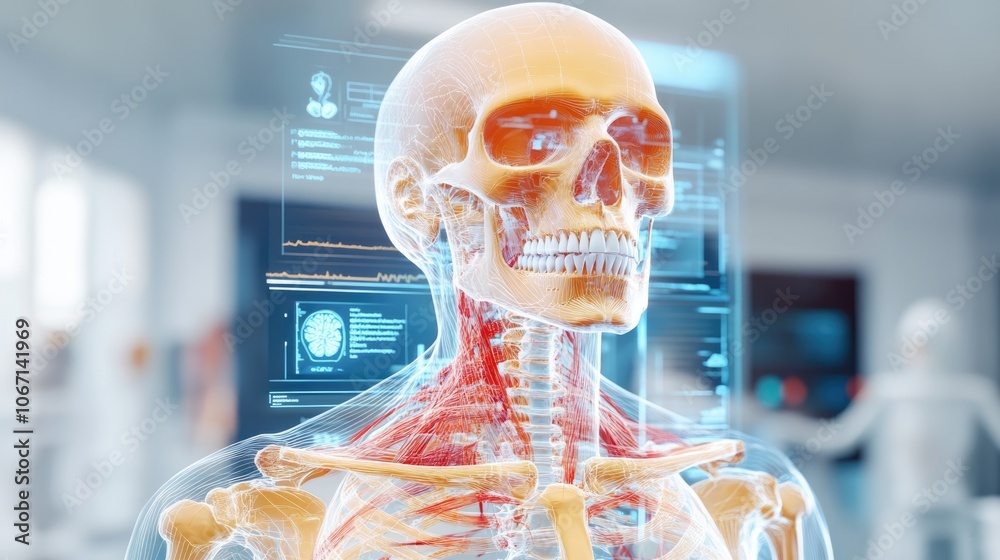 3D human skeleton with scientific labels, digital overlay of anatomical ...