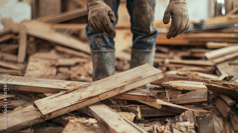 Workers salvaging wooden beams from demolished house, repurposing ...