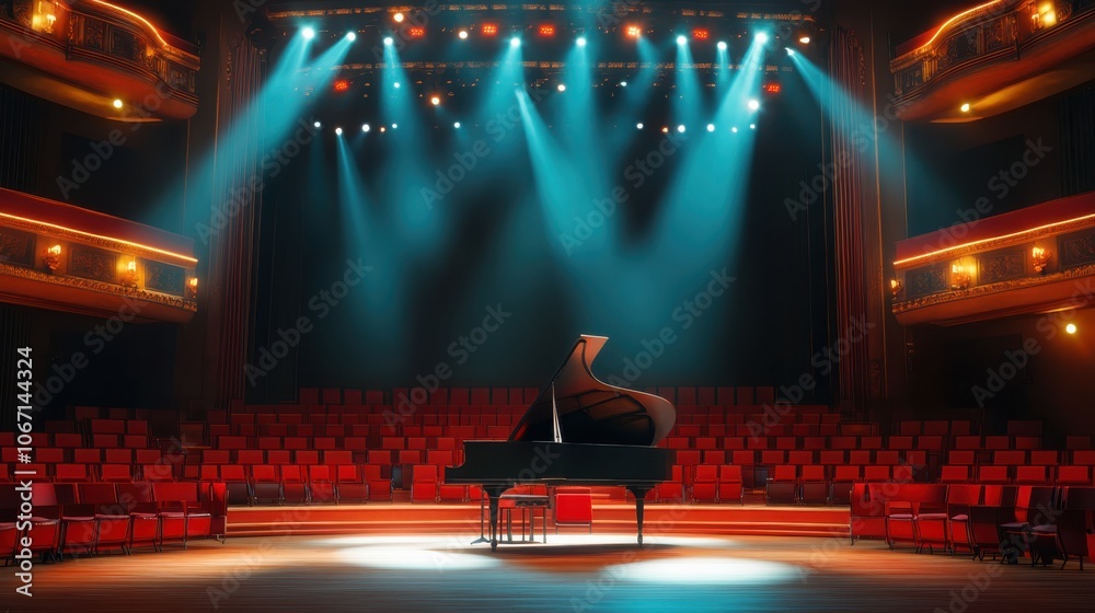 colorful spotlights on truss system and musical instrument on stage and ...