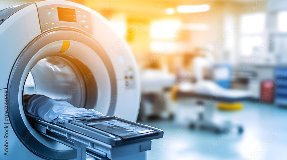Neurological testing equipment: MRI scanner with a patient lying down ...