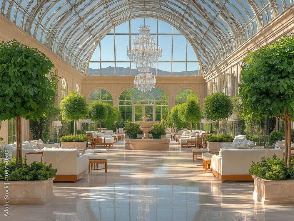 An elegant indoor lounge area with a high, vaulted glass ceiling ...