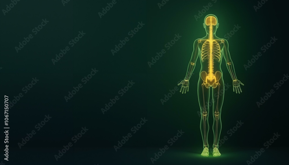 Neon human skeleton illustration highlighting energy meridians and ...
