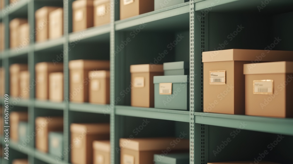 Organized warehouse shelves with labeled inventory boxes, showcasing ...
