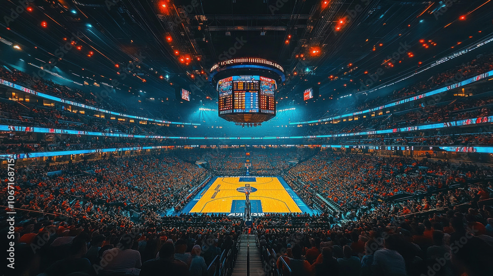 Packed stadium for a basketball game, team spirit and energy filling ...