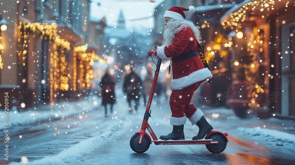 Santa Claus rides an electric scooter through a snowy, festive town ...