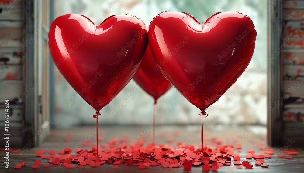 red inflatable heart-shaped balloons flutter in the wind against an ...