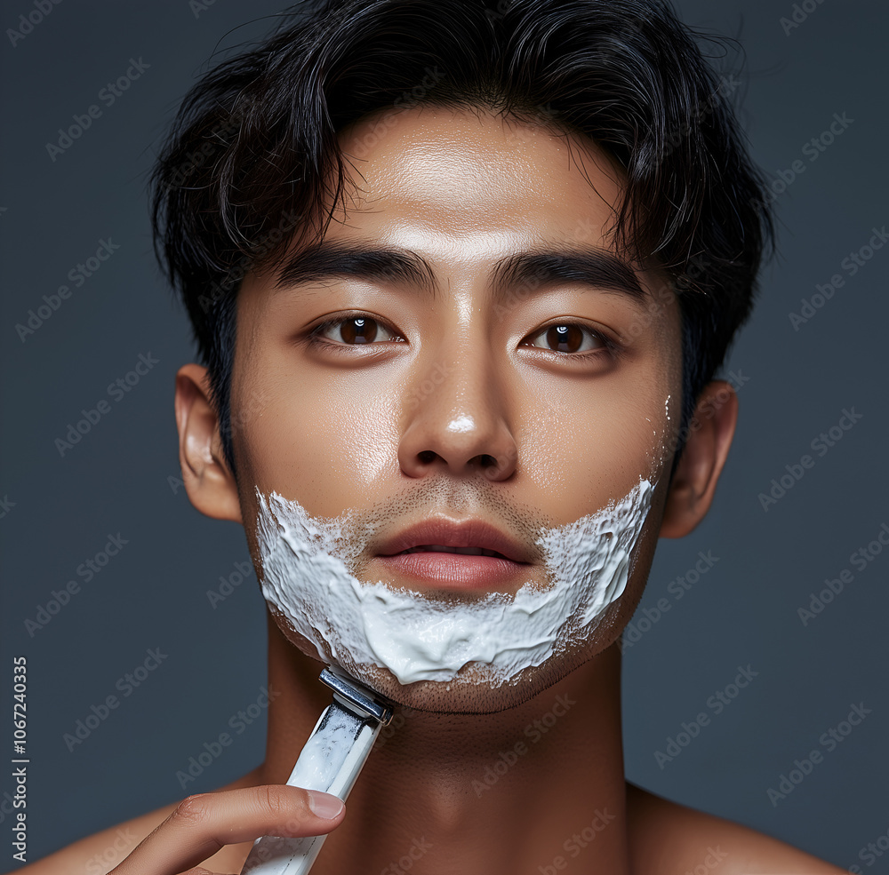 Asian man using a razor to shave his face with facial cream, close-up ...