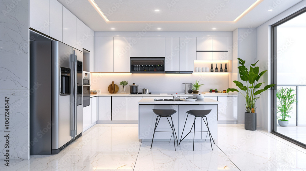 Modern technology. Smart refrigerator on a simple kitchen counter in a ...