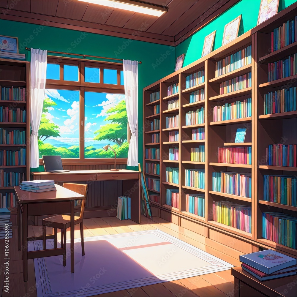 Reading room with bookshelf anime style drawing background wallpaper ...