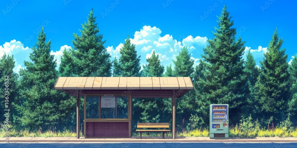 Charming Bus Stop Scene, wooden-roofed shelter, single bench, snack ...