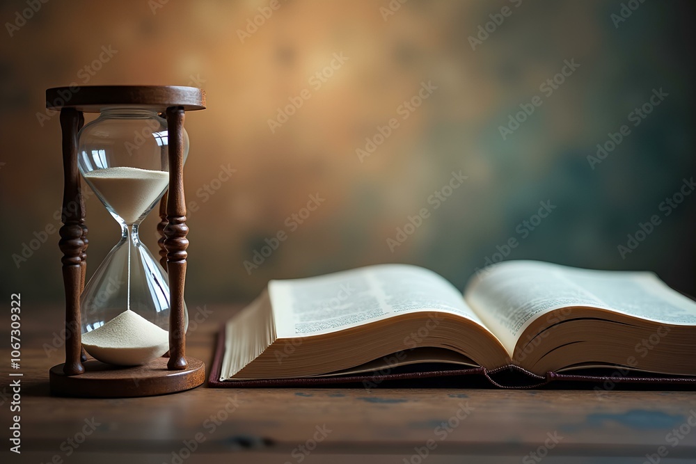 An image of an hourglass next to an open Bible. The hourglass ...