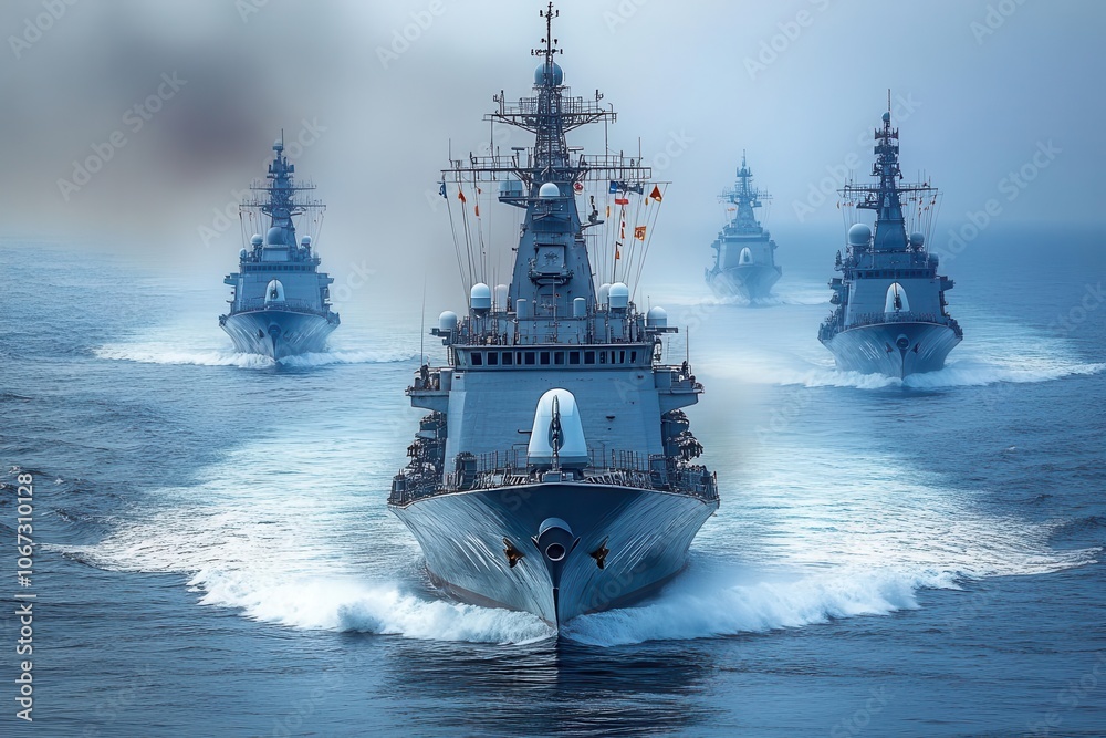 military ships sailing in formation at sea representing strength and ...