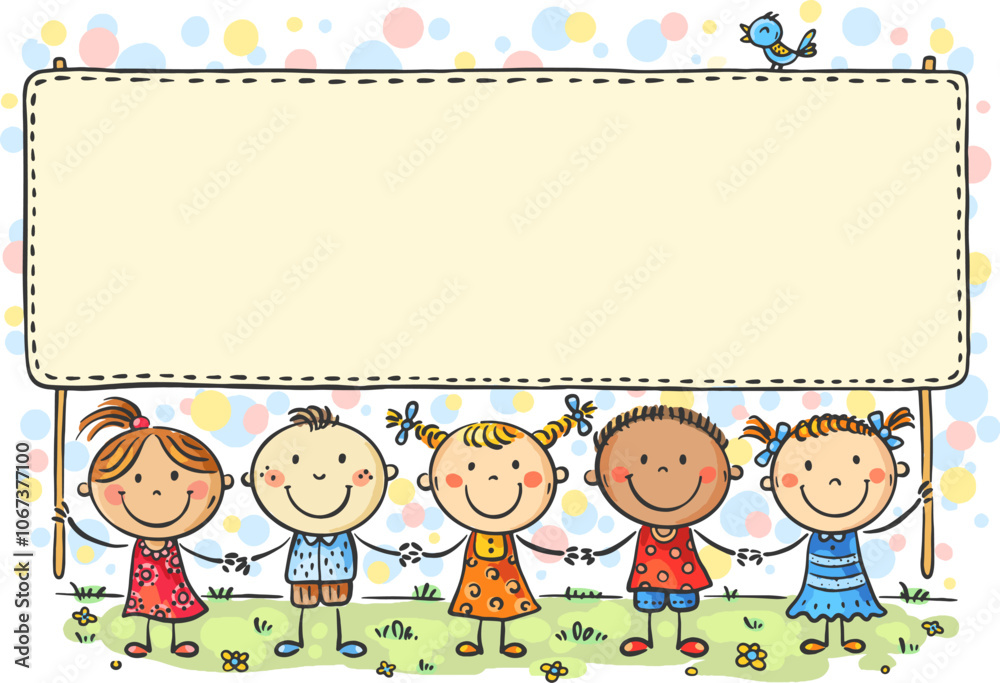 Happy kids standing outdoors in a row and holding big banner. Cartoon ...