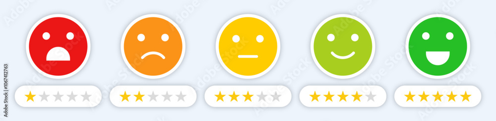 Rating emojis for product review. Star rating feedback emoji icon set ...