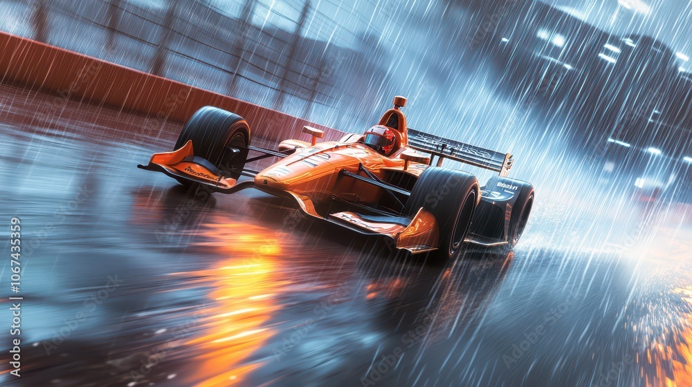 Burnt Orange Open-Wheel Racing Car in Monsoon: Ultra-Realistic Water ...