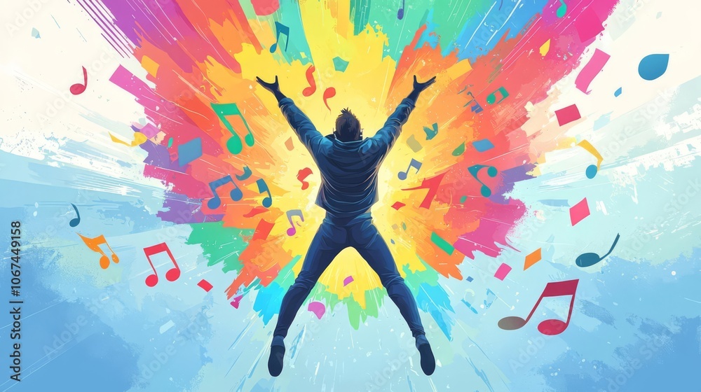 A vibrant silhouette of a person surrounded by colorful musical notes ...