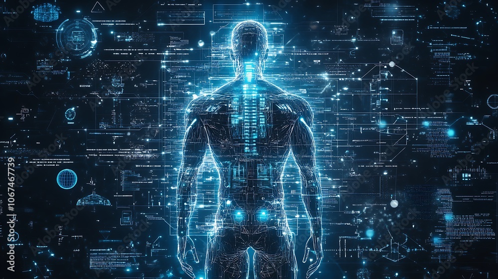 Futuristic bionic superhuman with advanced mechanical parts integrated ...