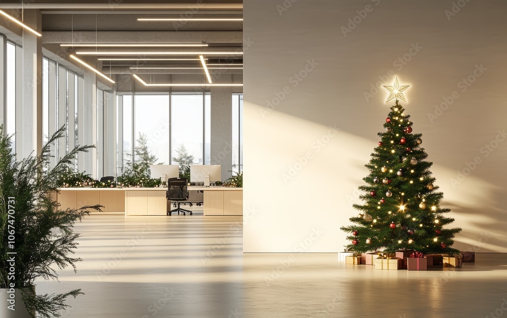 A modern office interior with a Christmas tree decorated with lights ...