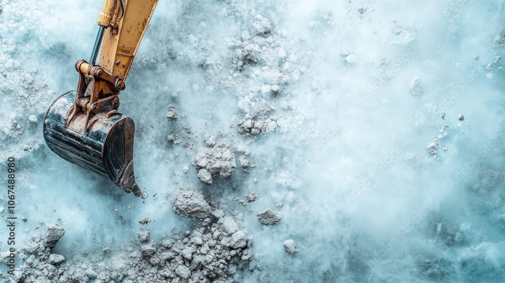 A powerful excavator arm captured mid-action as its metal teeth dig ...