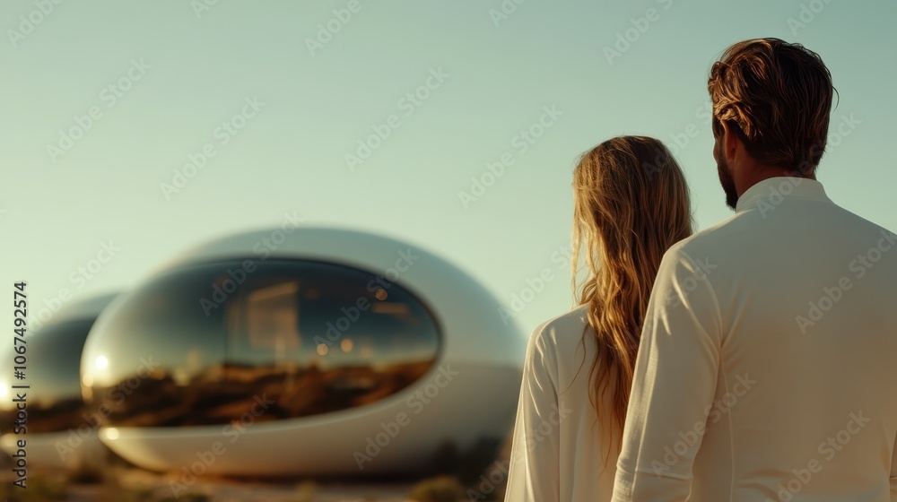A couple stands gazing at futuristic, pod-shaped homes in a desert ...