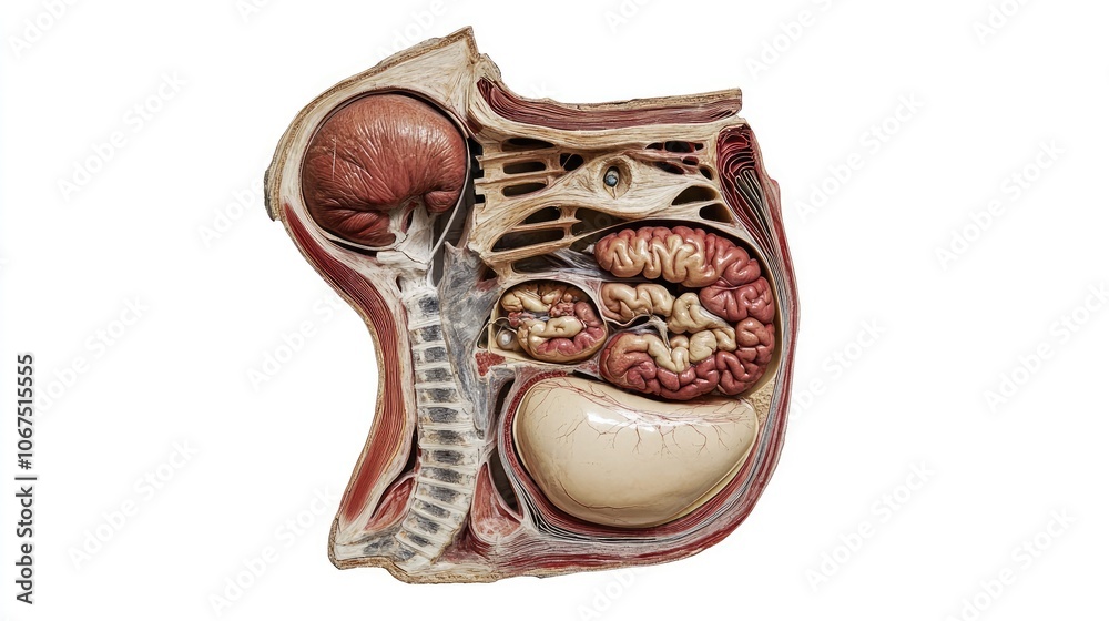 Cross-section of human torso anatomy, detailed organ placement ...
