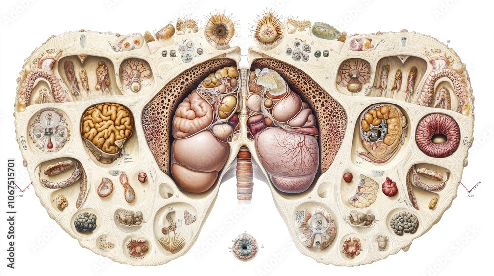 Cross-section of human torso anatomy, detailed organ placement ...