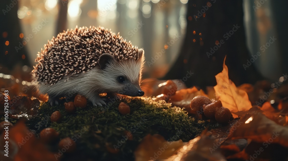 Autumn orange leaves with hedgehog. European Hedgehog, Erinaceus ...