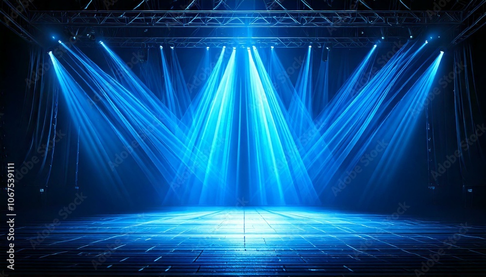 Blue light beams down stage, creating vibrant contrast, illuminating ...