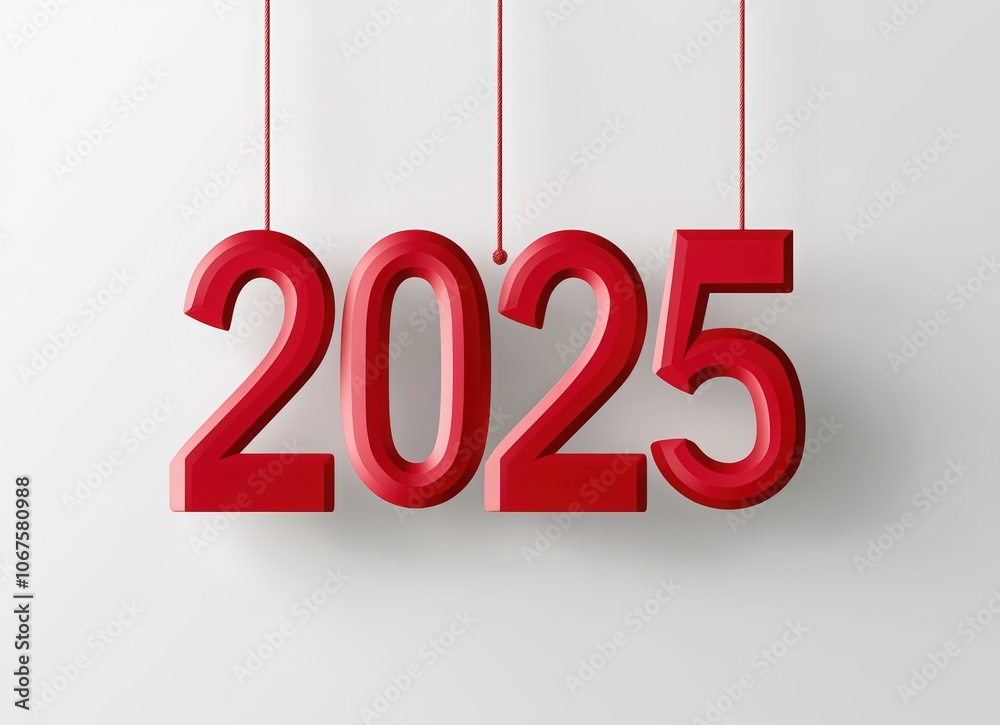 3D vector red number "2025" hanging on strings. Happy New Year ...