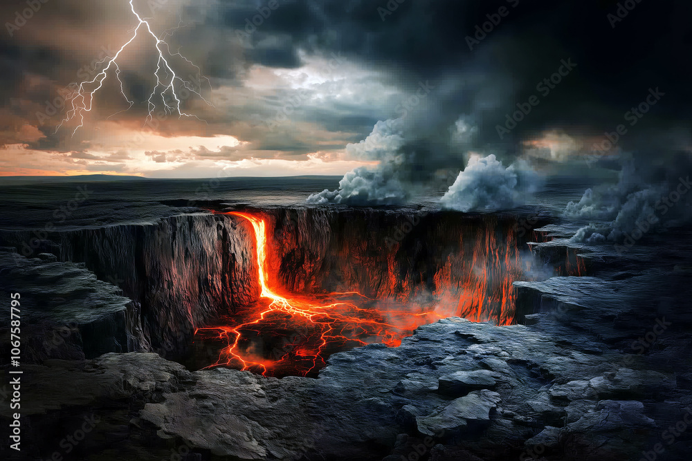 A deep fissure in the earth's surface with molten lava glowing in the ...
