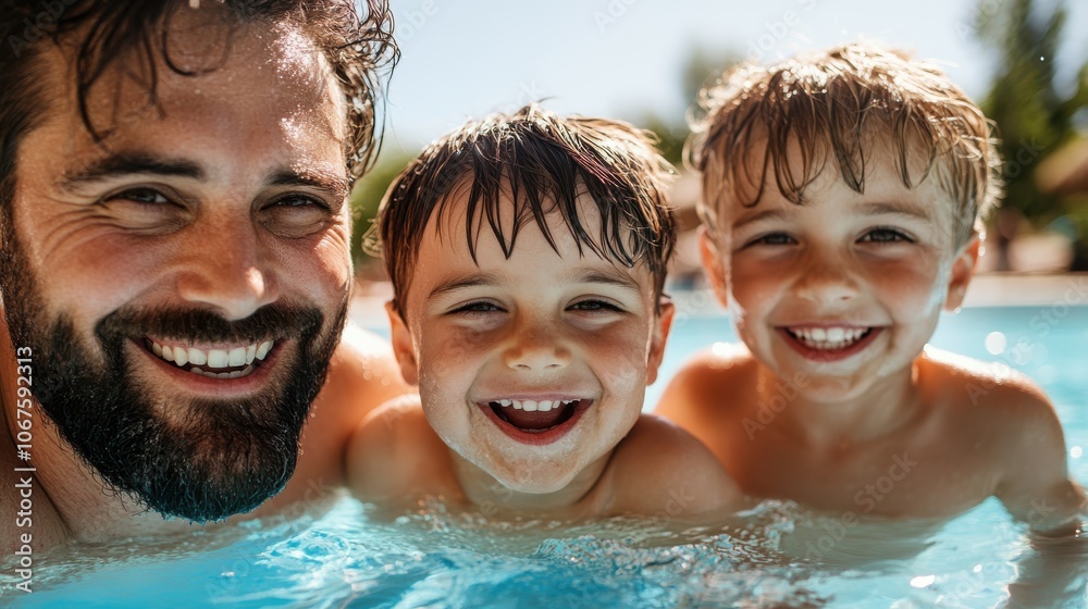 Smiling father with his two young sons bonding and having fun together ...