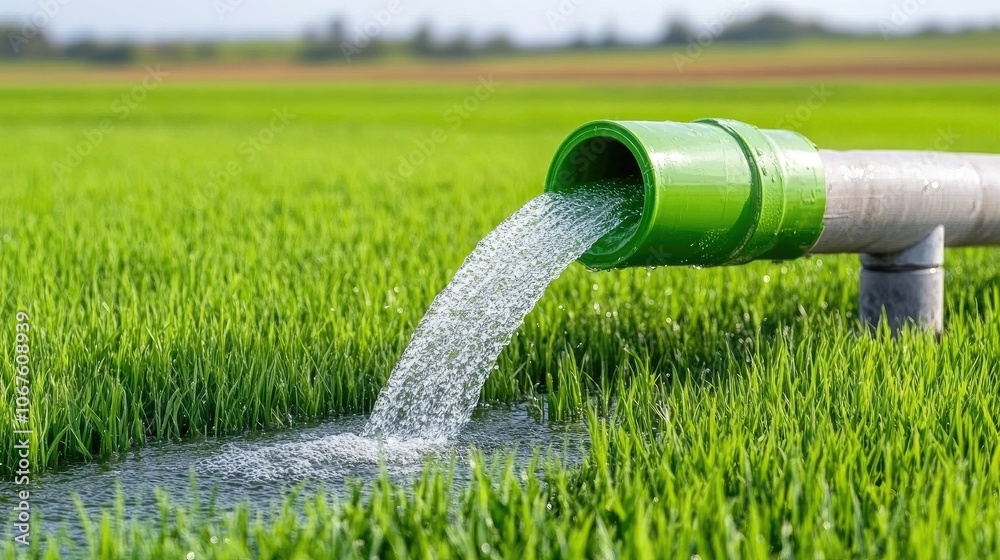 Water flows from a green sewage pipe into lush rice fields under a ...