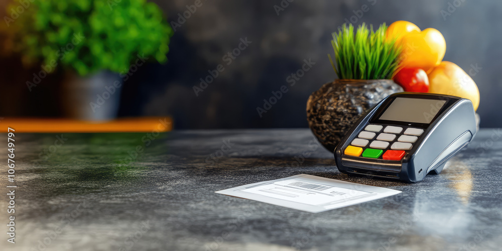 Credit card reader on a simple countertop printing a receipt. Cashless ...