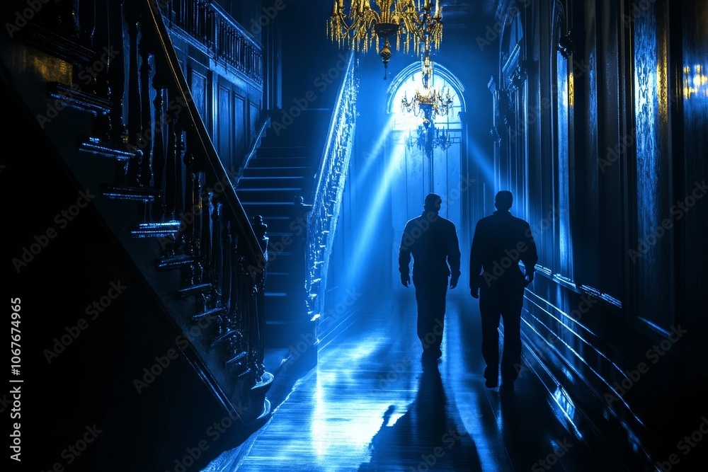 Two police officers investigating crime scene in haunted house Stock ...