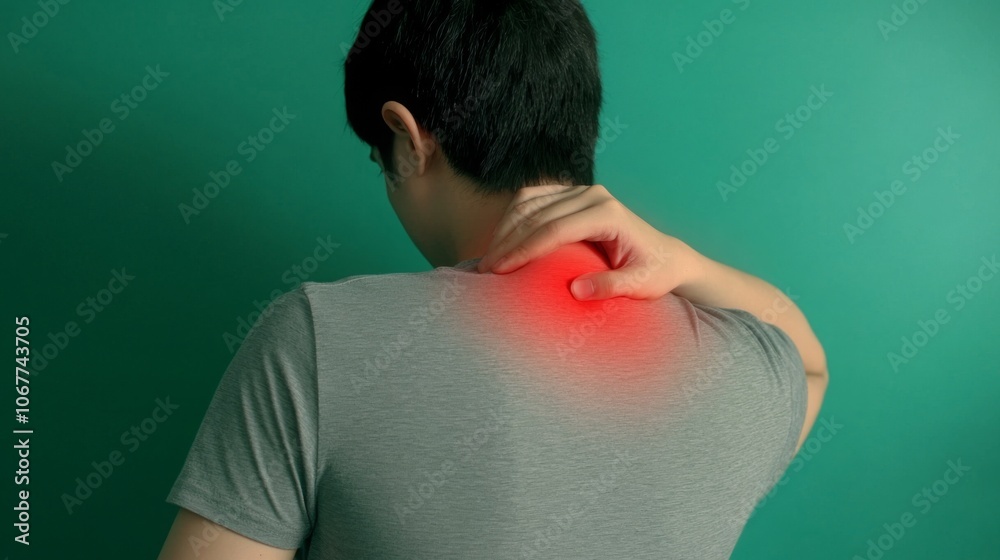 Someone holding their shoulder, showing signs of neck and shoulder ...