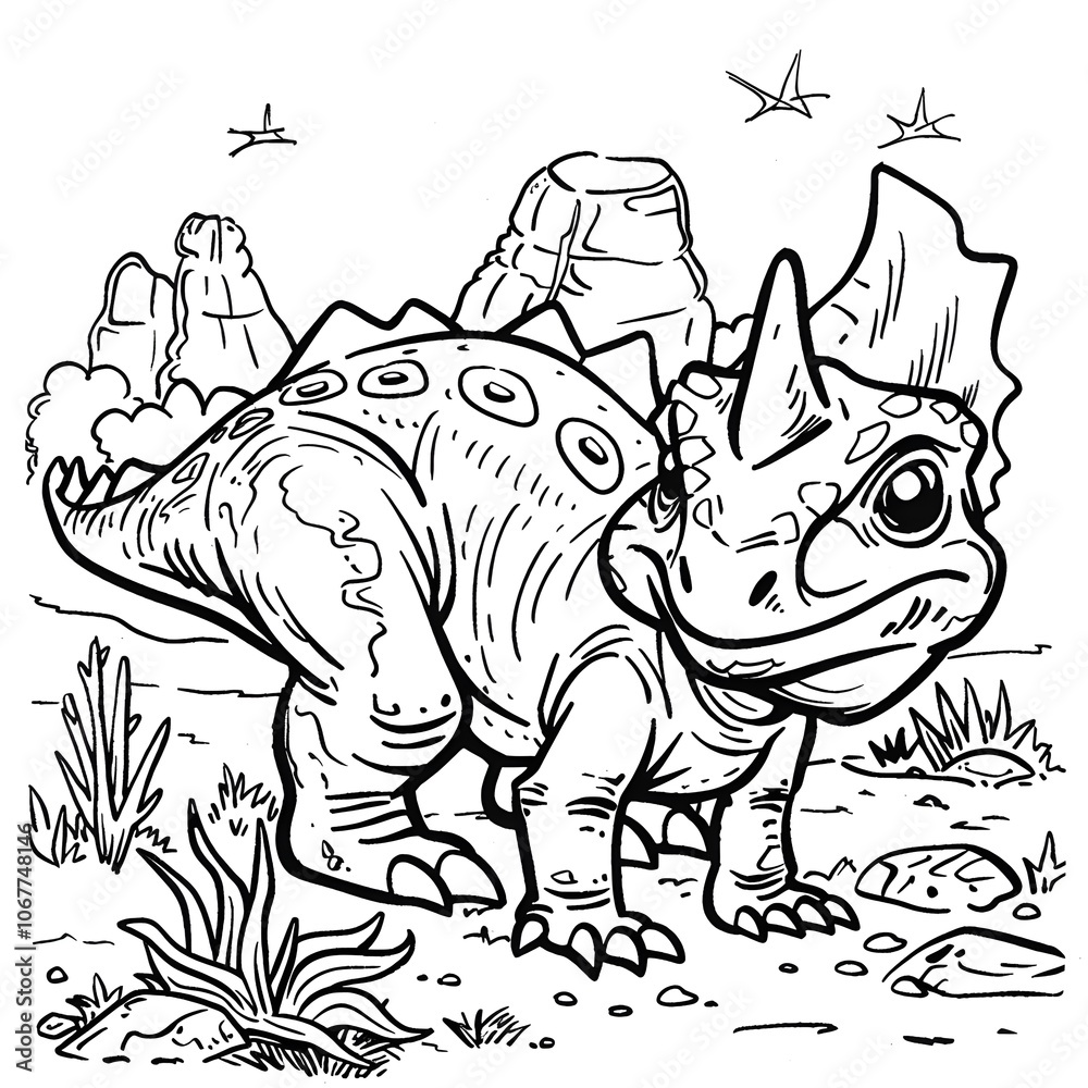 Coloring Page of Pachycephalosaurus for Kids with Prehistoric Landscape ...