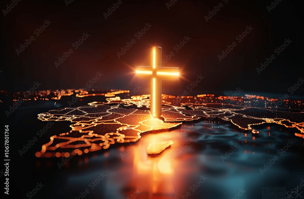 Glowing Cross on World Map Representing Christianity, Jesus Christ ...