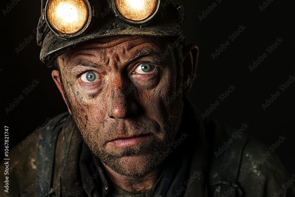 A focused miner with dirt on his face is illuminated by his helmet ...