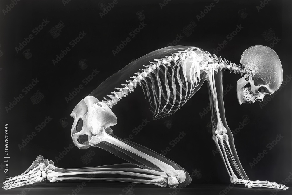An X-ray depicting a human skeleton kneeling on all fours, highlighting ...