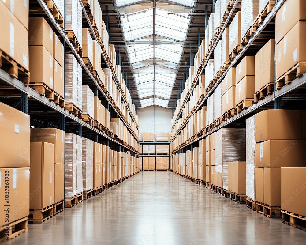 Warehouse interior with skylights, bright and spacious, clean logistics ...