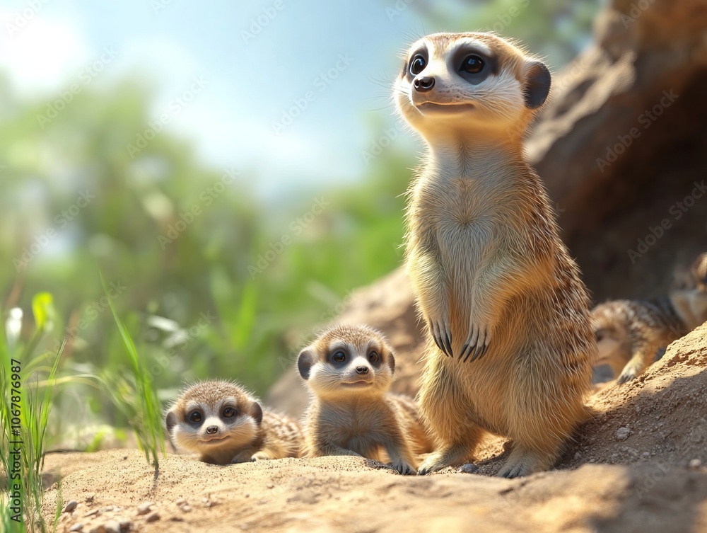 Protective Mother Meerkat Watching Pups Emerge from Burrow - Ultra ...