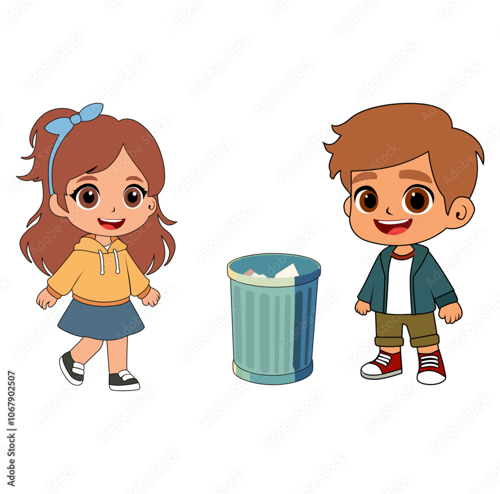 Cartoon Kid Boy Girl Throwing Trash Into Rubbish Bin Vector ...
