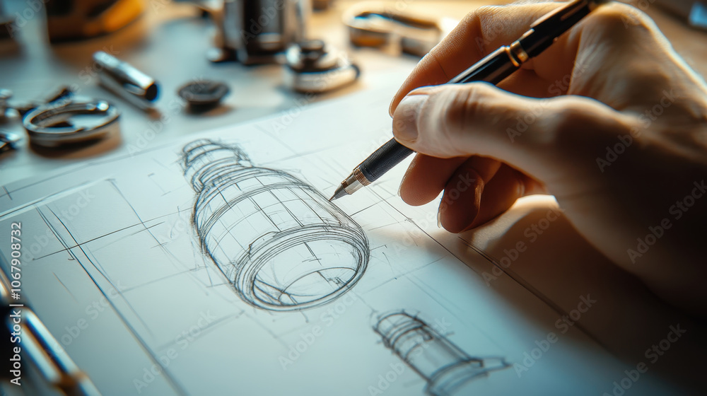 Engineer sketching a detailed technical drawing of a complex ...