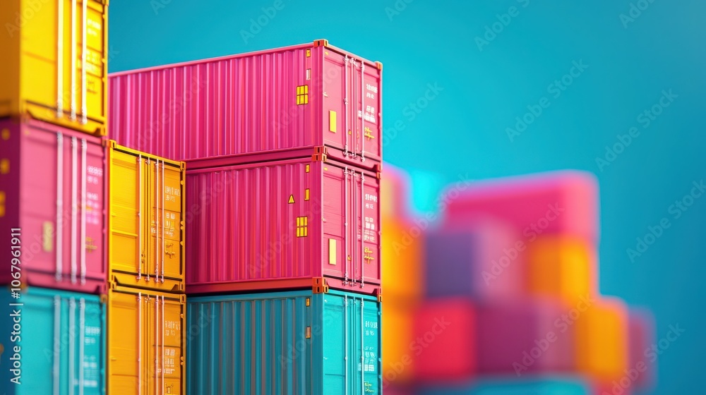 Colorful Shipping Containers Stacked Against Blue Background. Stock ...