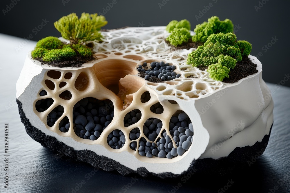 A clean 2D illustration of a cross-section of soil layers with roots ...