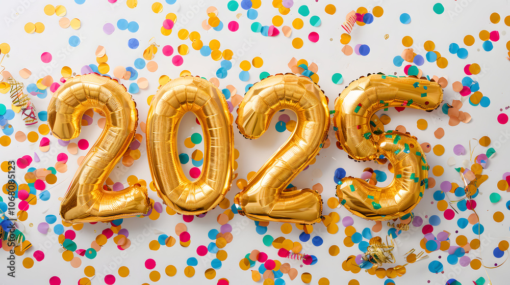 Festive golden 2025 balloon numbers by colorful confetti on a white ...