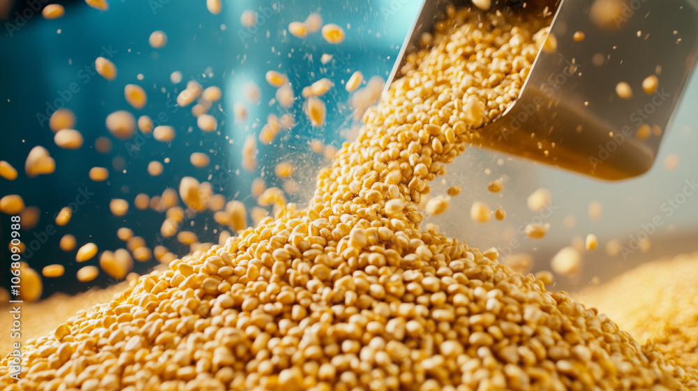 Grains pouring from metal scoop, creating dynamic cascade of yellow ...